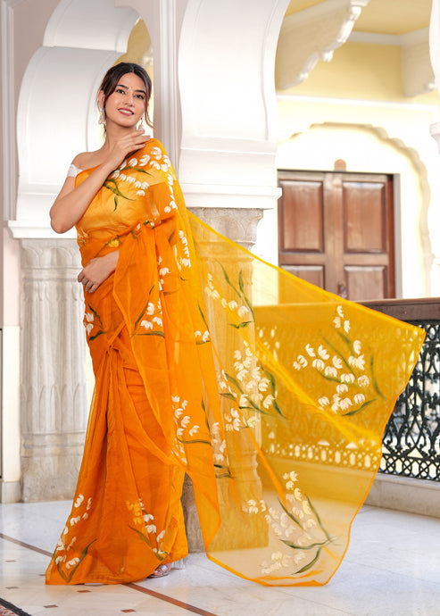 Hand Painted Bell Flower Organza Saree – Sanjoni