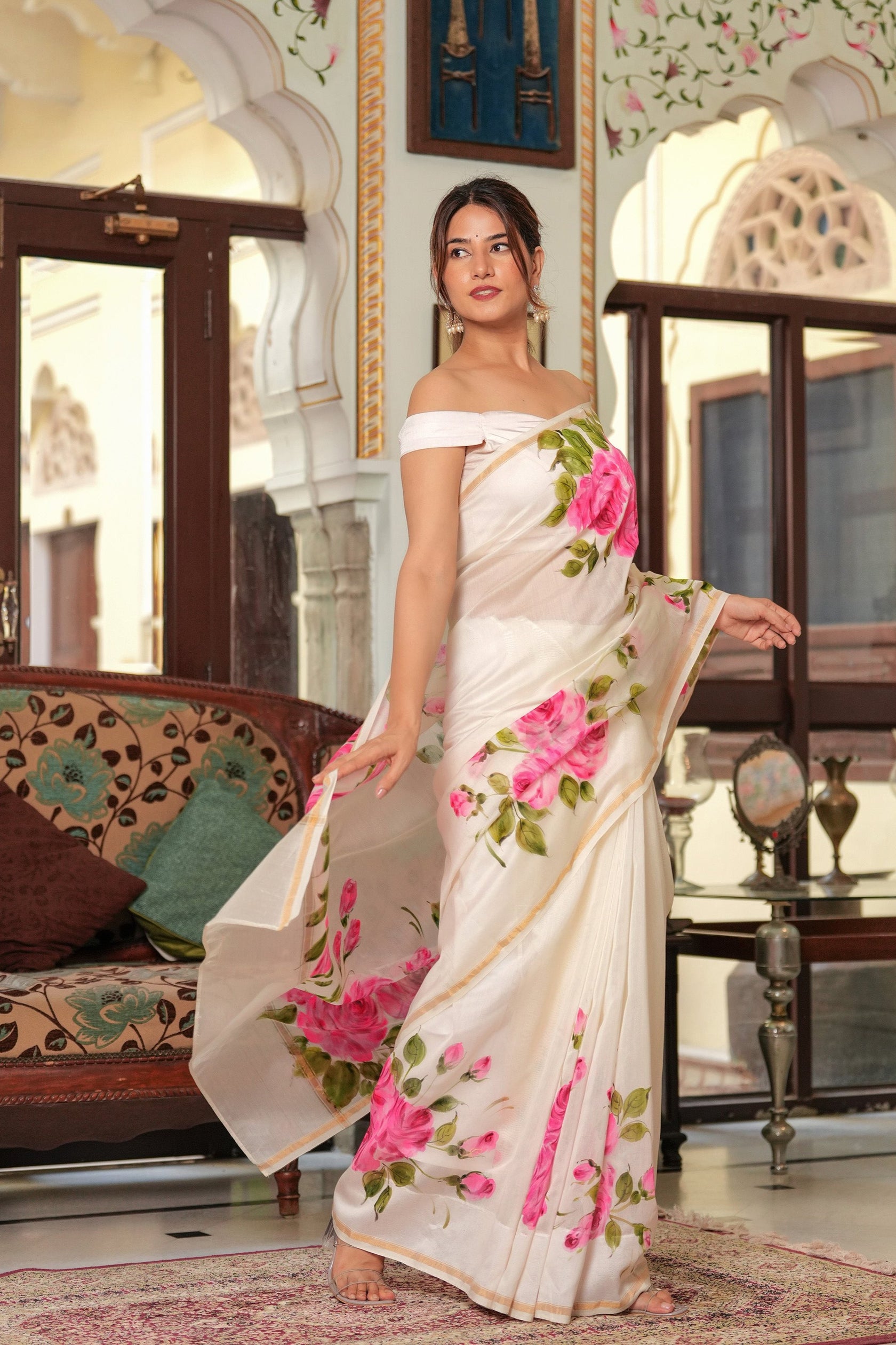 Hand Painted Rose flower Chanderi Silk Saree – Sanjoni