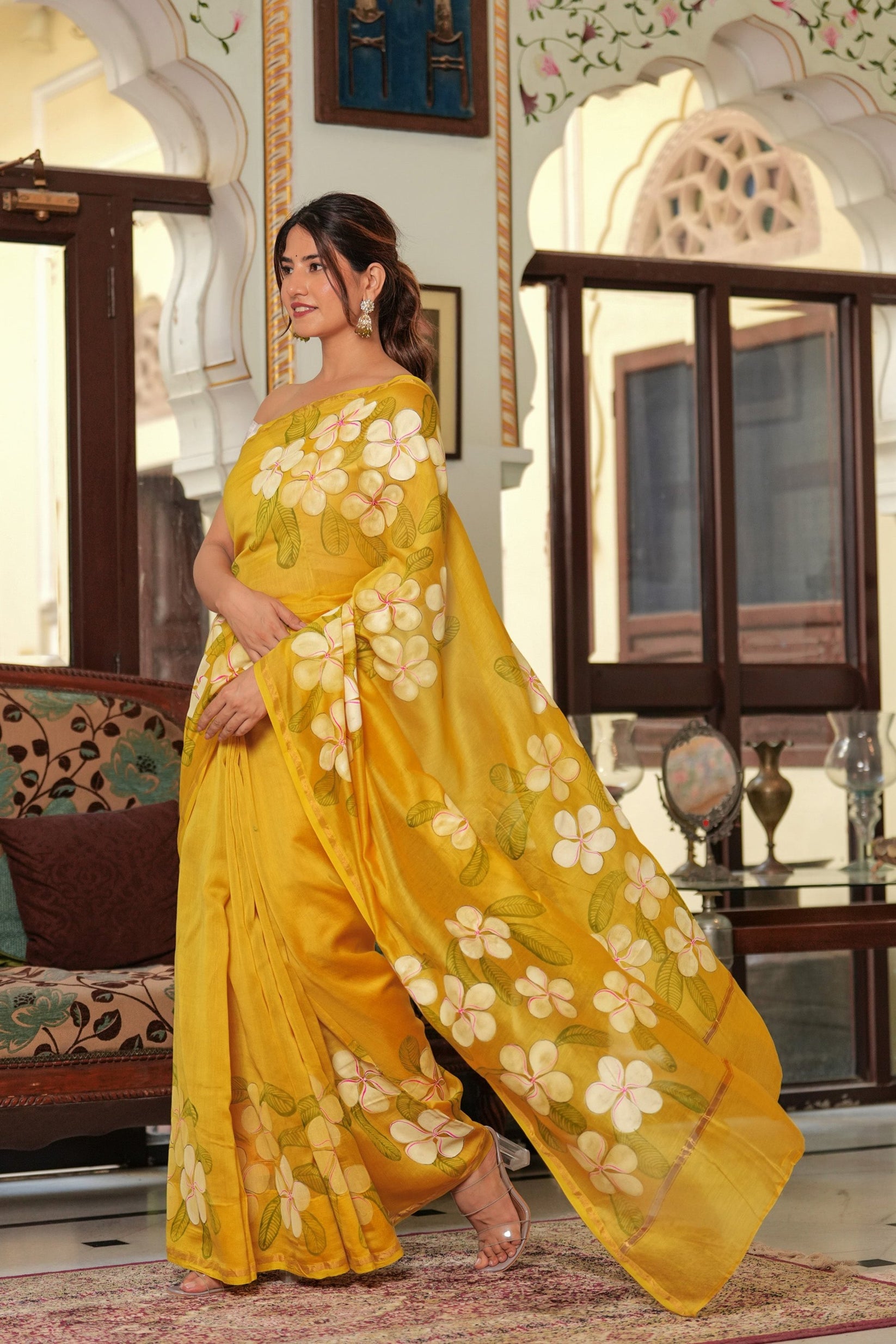 Hand Painted Plumeria Flower Chanderi Silk Saree – Sanjoni
