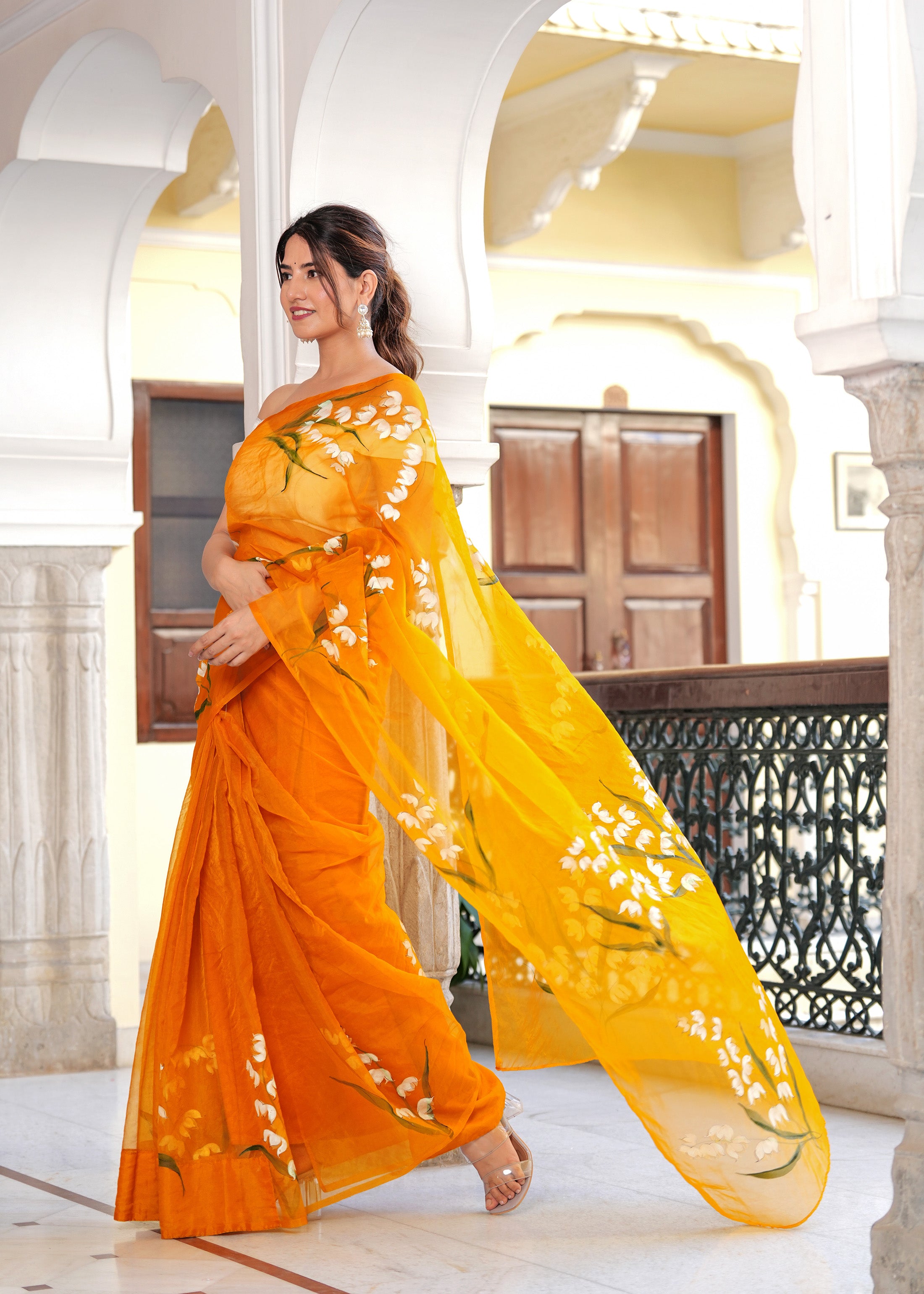 Hand Painted Bell Flower Organza Saree – Sanjoni
