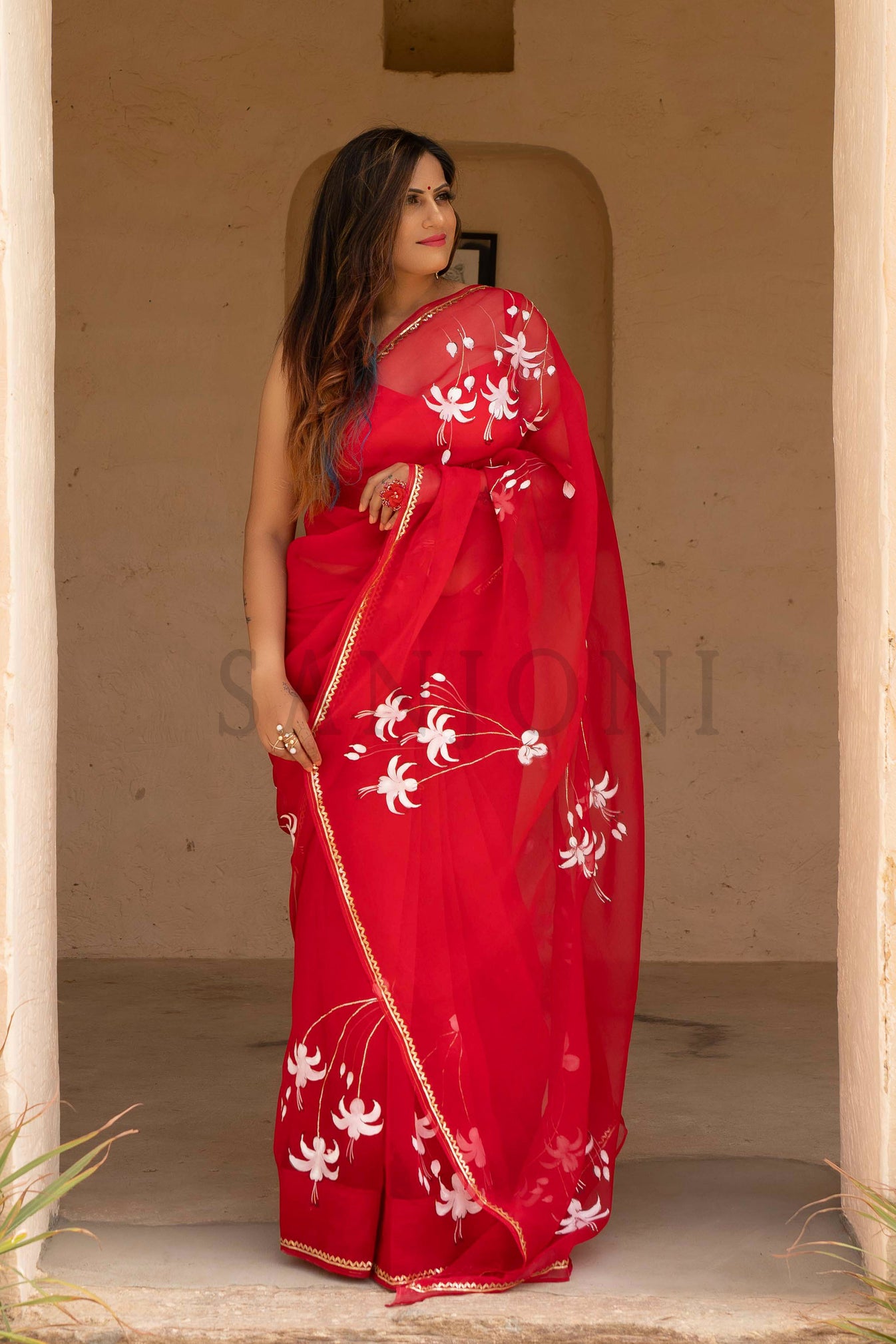 Flower Hand Painted Sarees Designs Online | Sanjoni