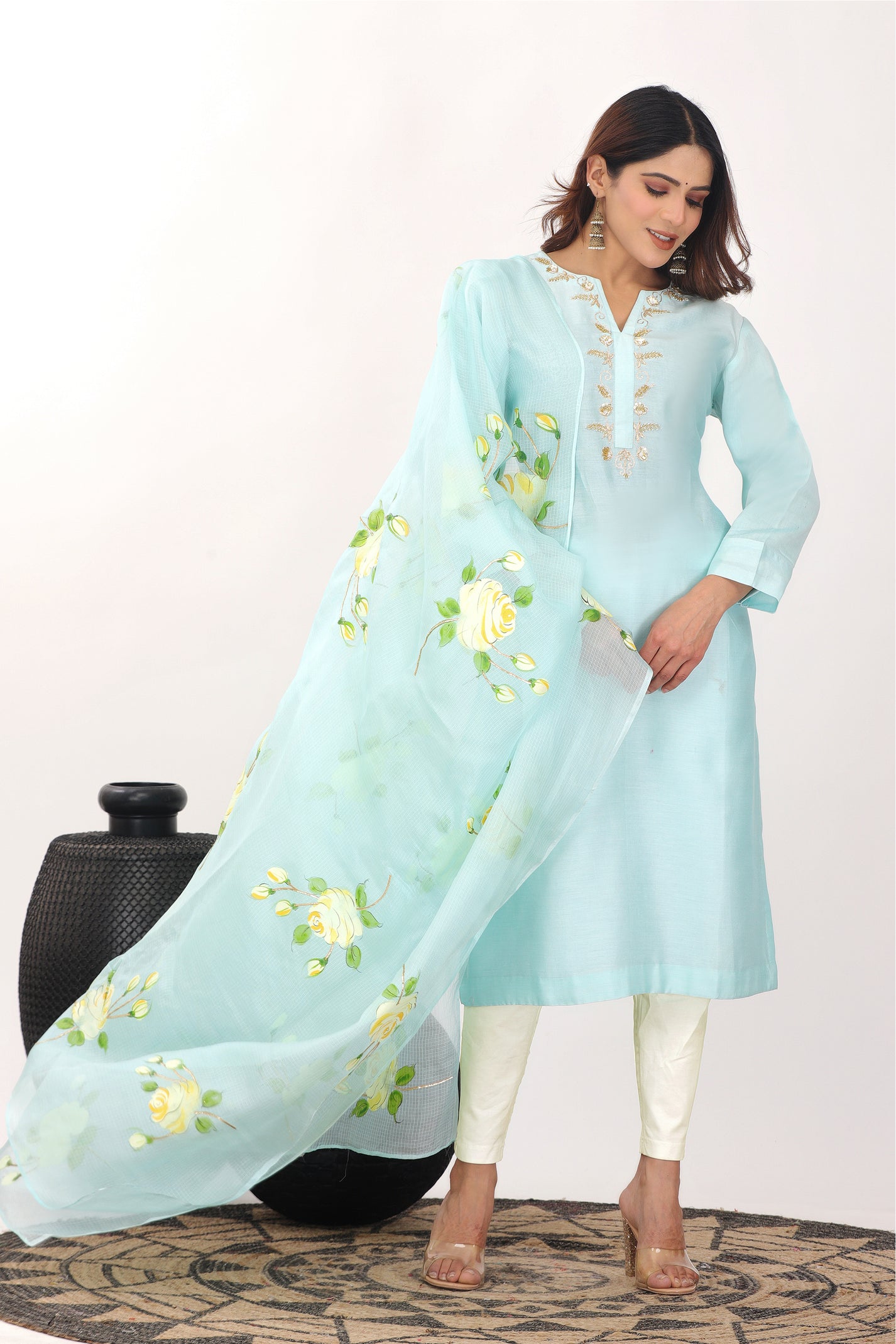 Hand Painted White Rose Straight Suit – Sanjoni