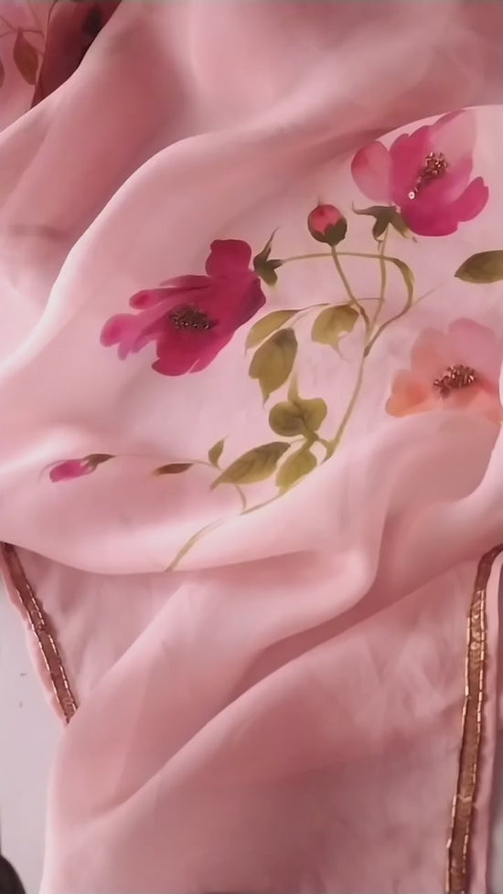 Shop Peach Hand Painted Roses Organza Saree Online – Sanjoni