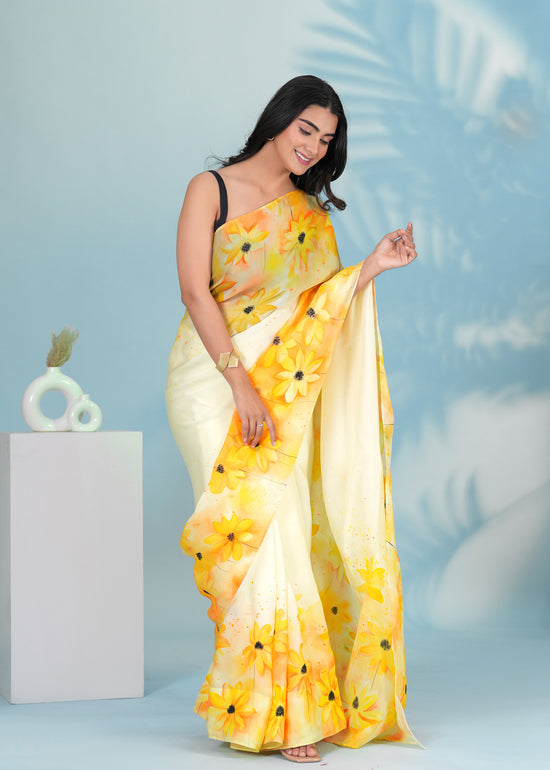 Unique Hand-Painted Sunflower Floral Saree in Yellow Satin Organza ...