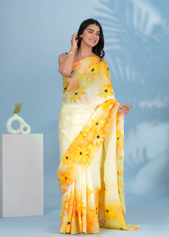 Unique Hand-Painted Sunflower Floral Saree in Yellow Satin Organza ...
