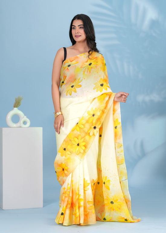 Unique Hand-Painted Sunflower Floral Saree in Yellow Satin Organza ...