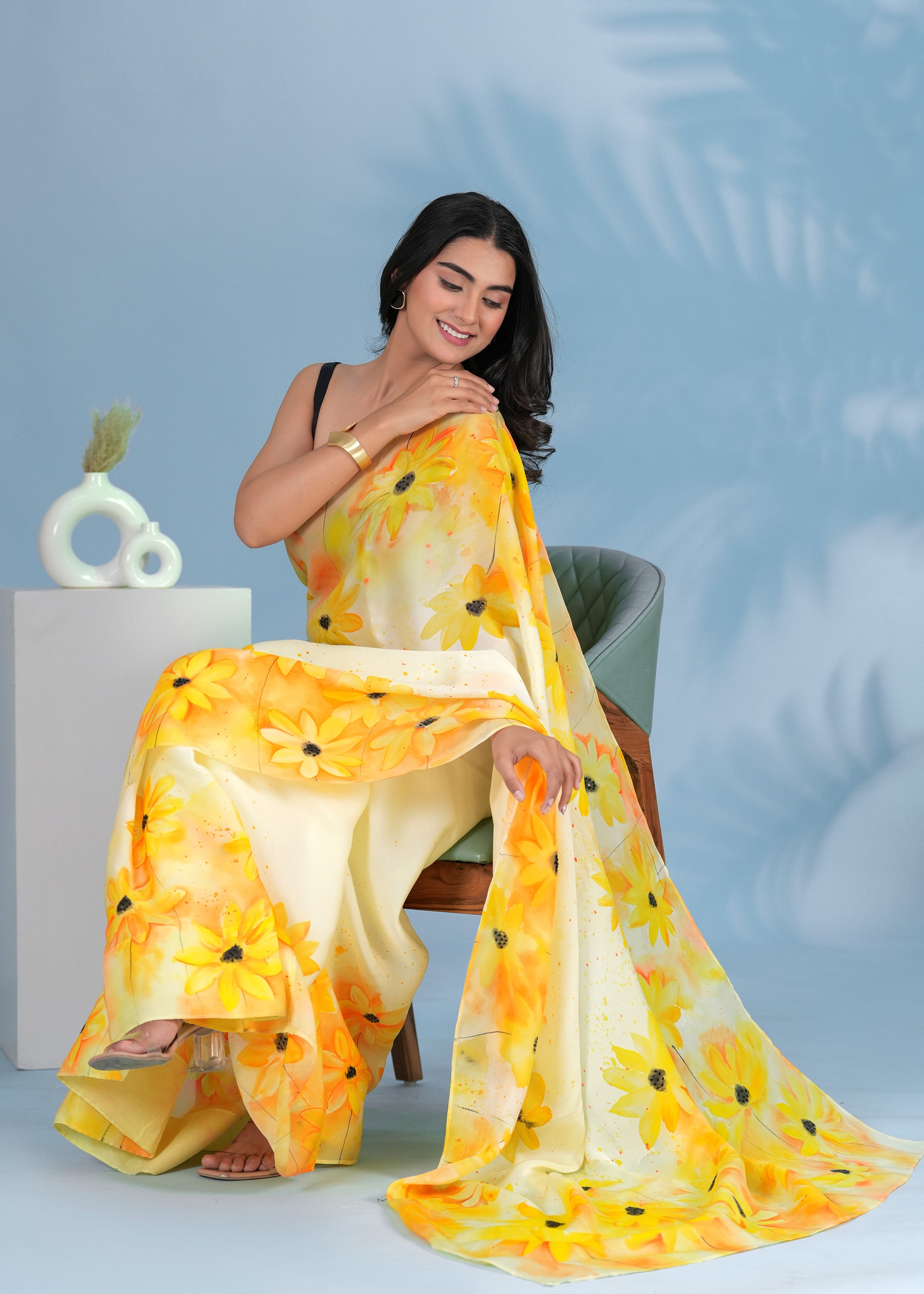 Unique Hand-Painted Sunflower Floral Saree in Yellow Satin Organza ...