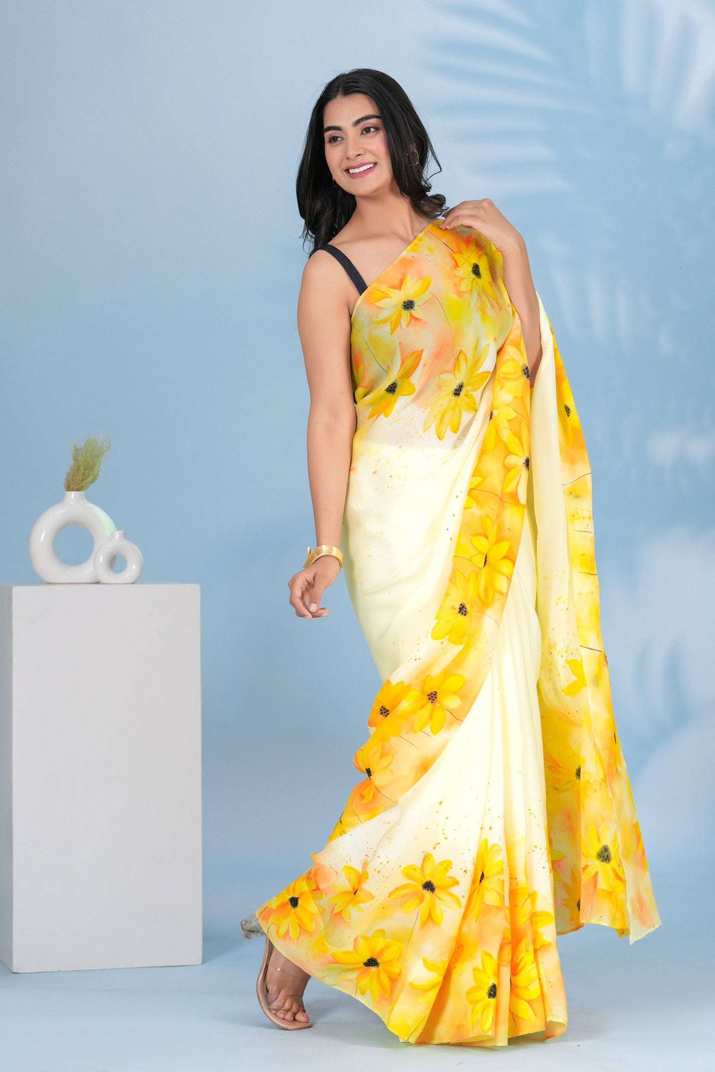 Unique Hand-Painted Sunflower Floral Saree in Yellow Satin Organza ...