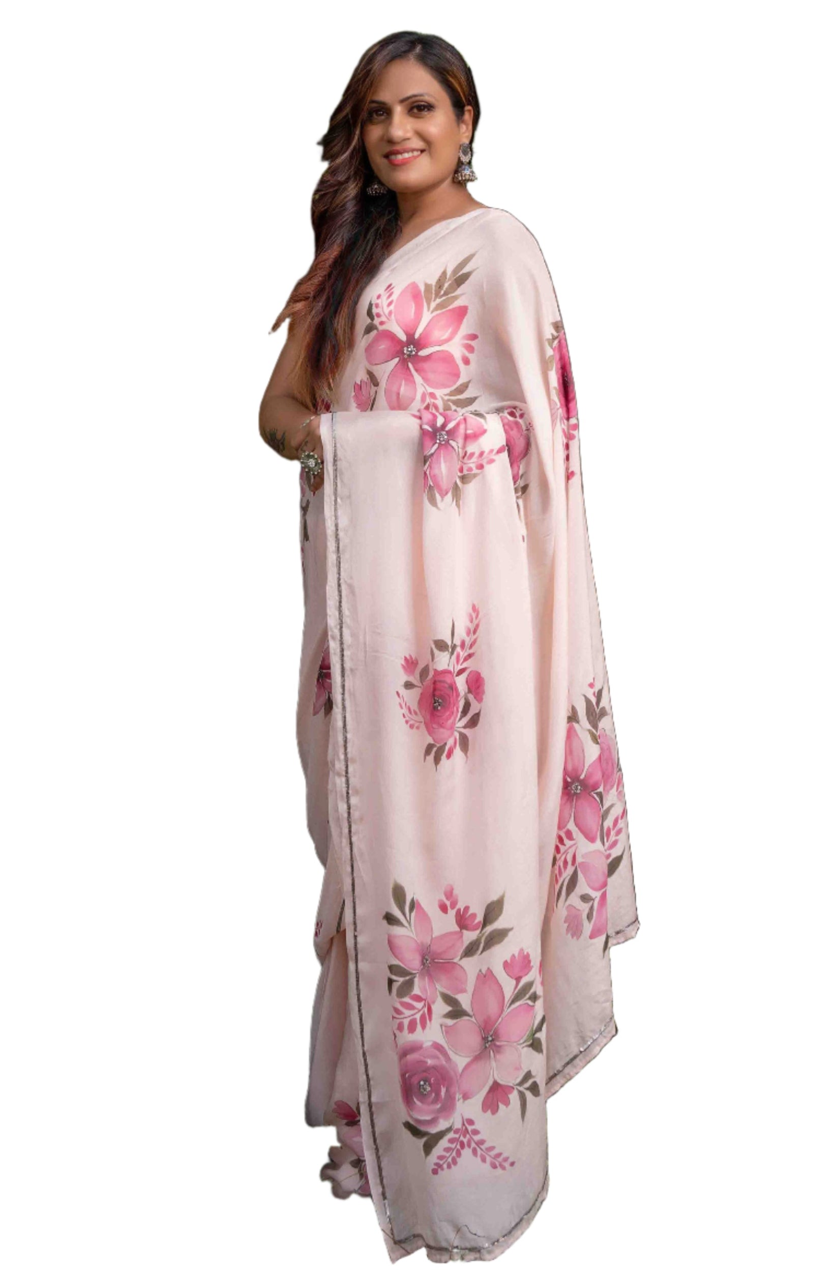 Hand Painted Flower Bouquet Silk Saree – Sanjoni