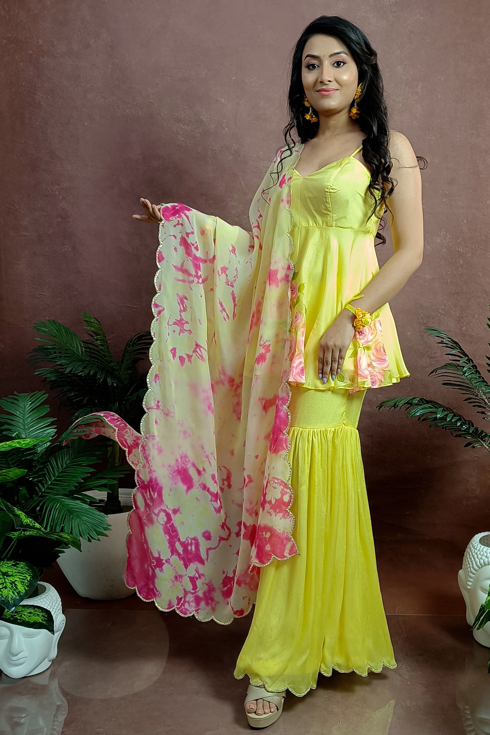 Hand Painted Yellow Colour Sharara Set With Tie Dye Organza Dupatta ...